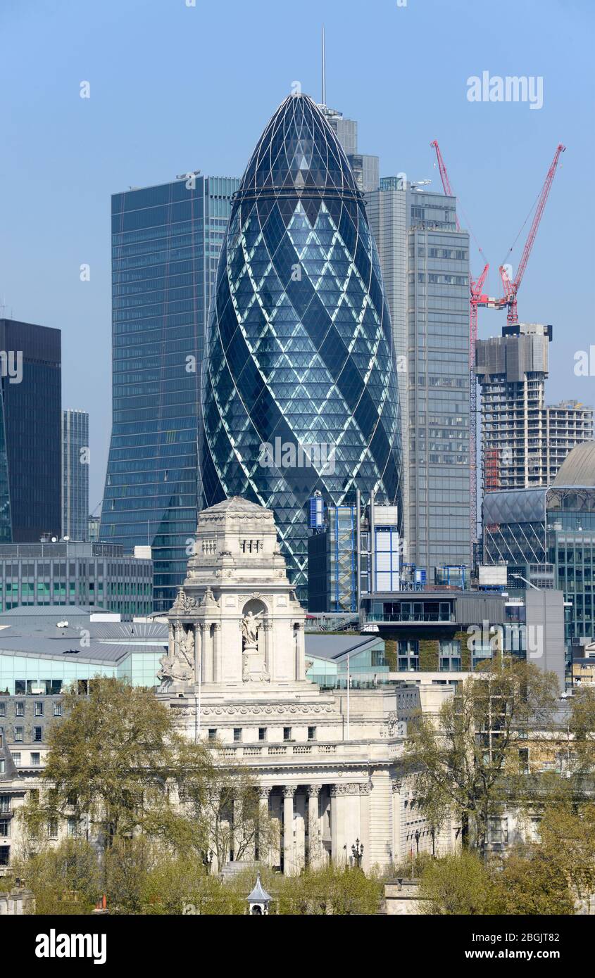 View of the City of London from Tower Bridge with the Gherkin prominent ...