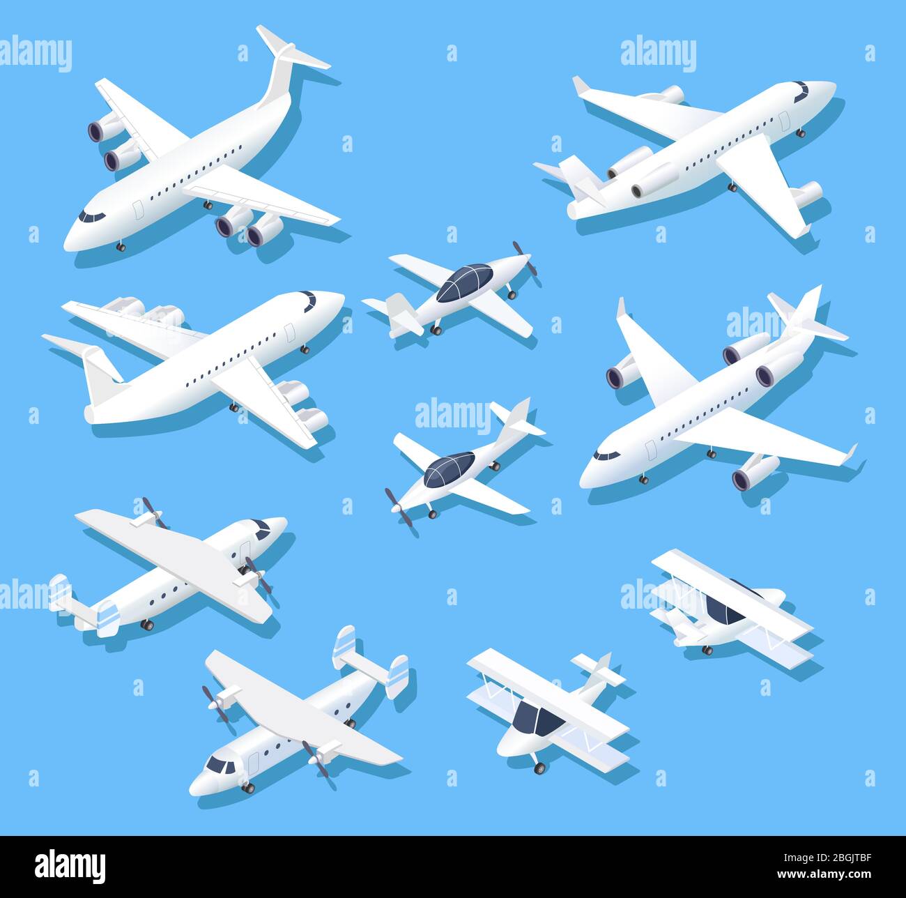 Isometric planes. Private jet airplanes, aircraft and airliner. 3d ...