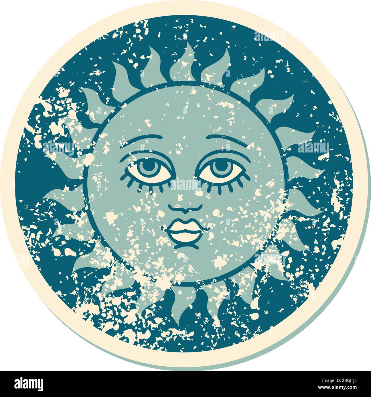 iconic distressed sticker tattoo style image of a sun with face Stock ...