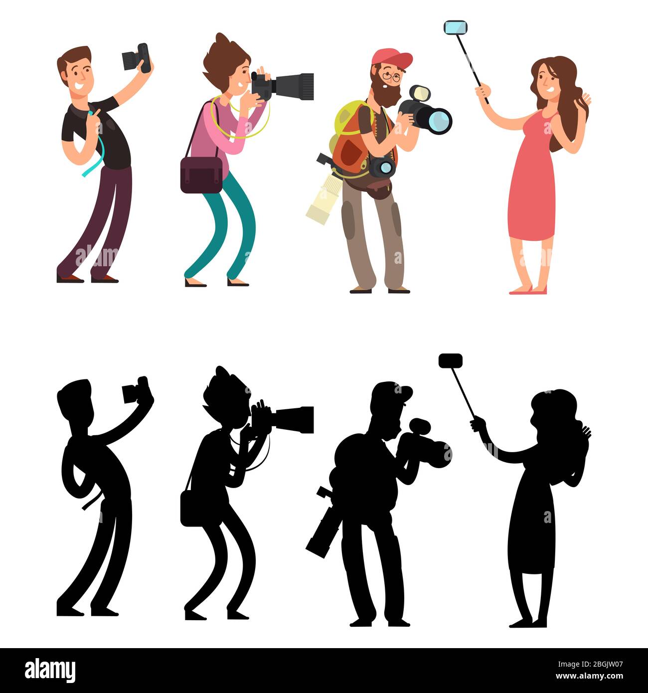 Funny professional photographer with camera taking photo in different ...