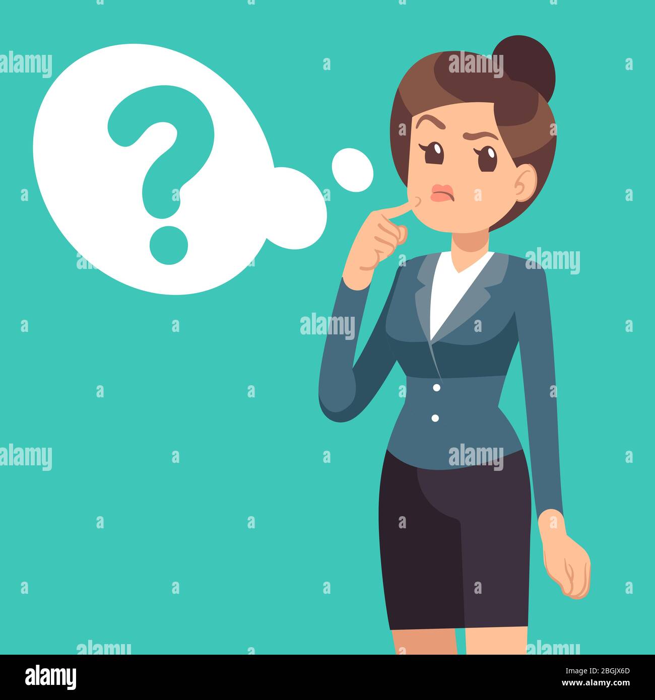 Confused businesswoman. Thinking girl and cloud with questions mark. Business vector concept ...