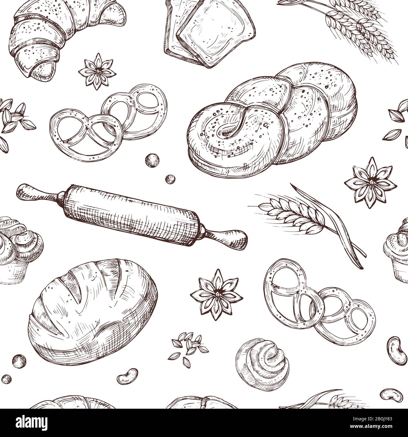 Bread seamless pattern. Vintage sketch bakery repeating vector ...