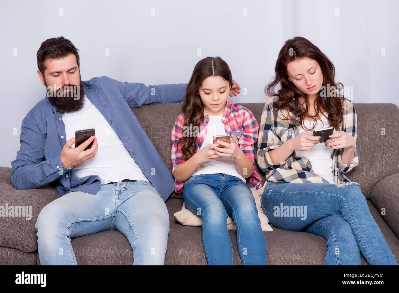 Online family. Family spend weekend online. Child little girl use ...