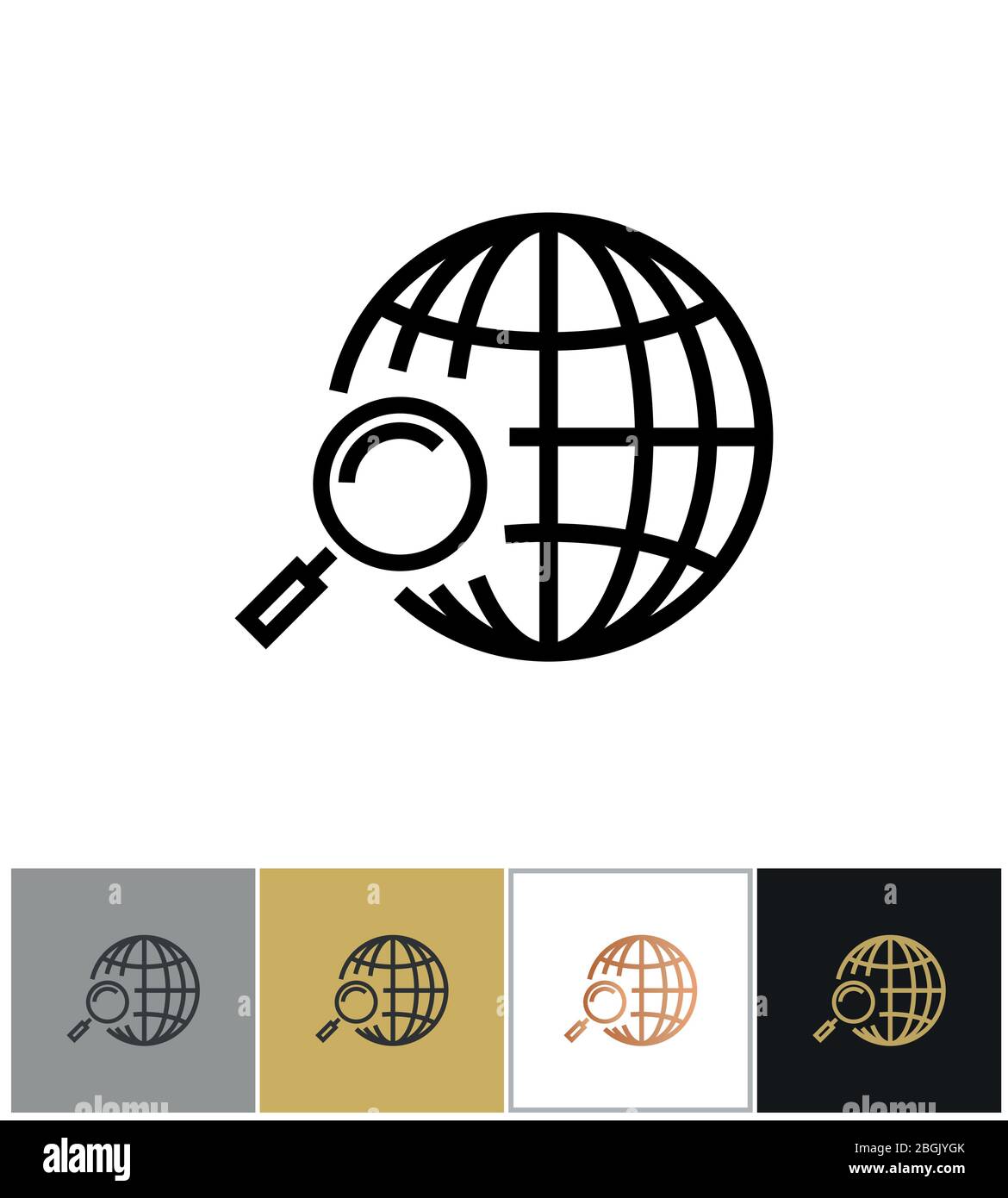 Globe search icon, web or internet search symbol on white and black ...