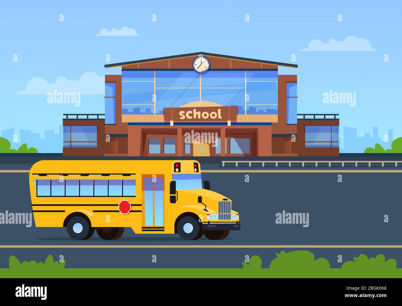 School building. College exterior with yellow bus. Education background ...