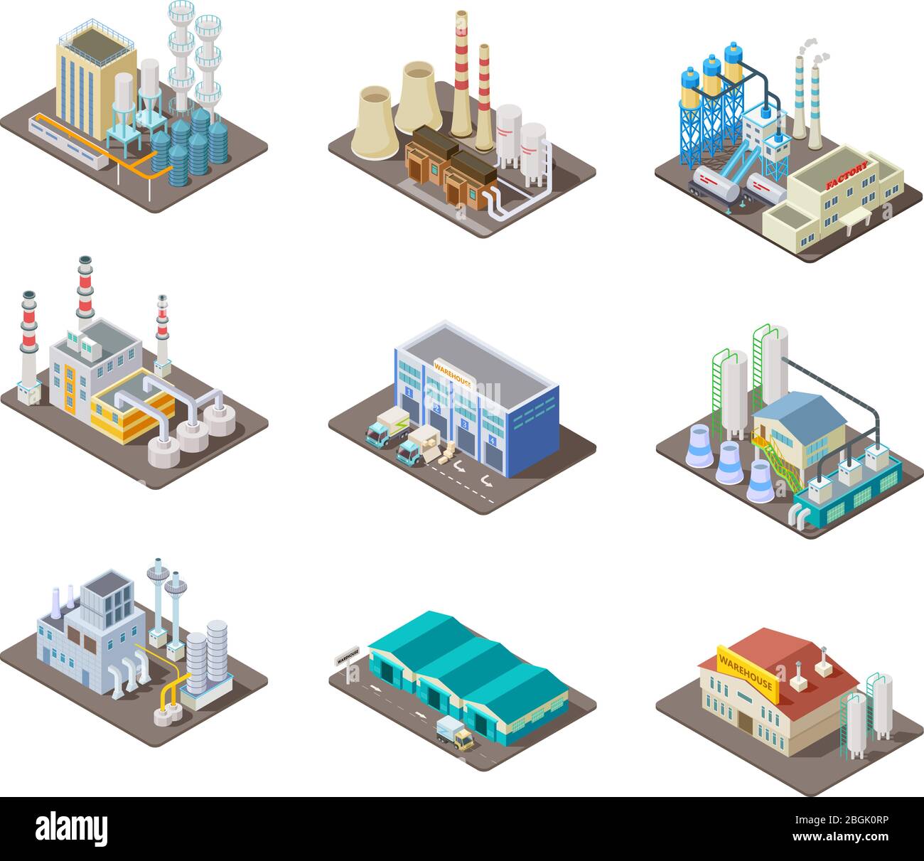 Isometric factory set. 3d industrial buildings, power plant and ...