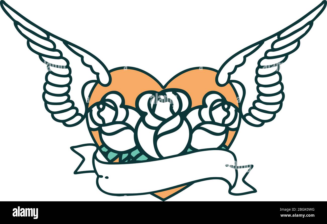 iconic tattoo style image of a flying heart with flowers and banner ...