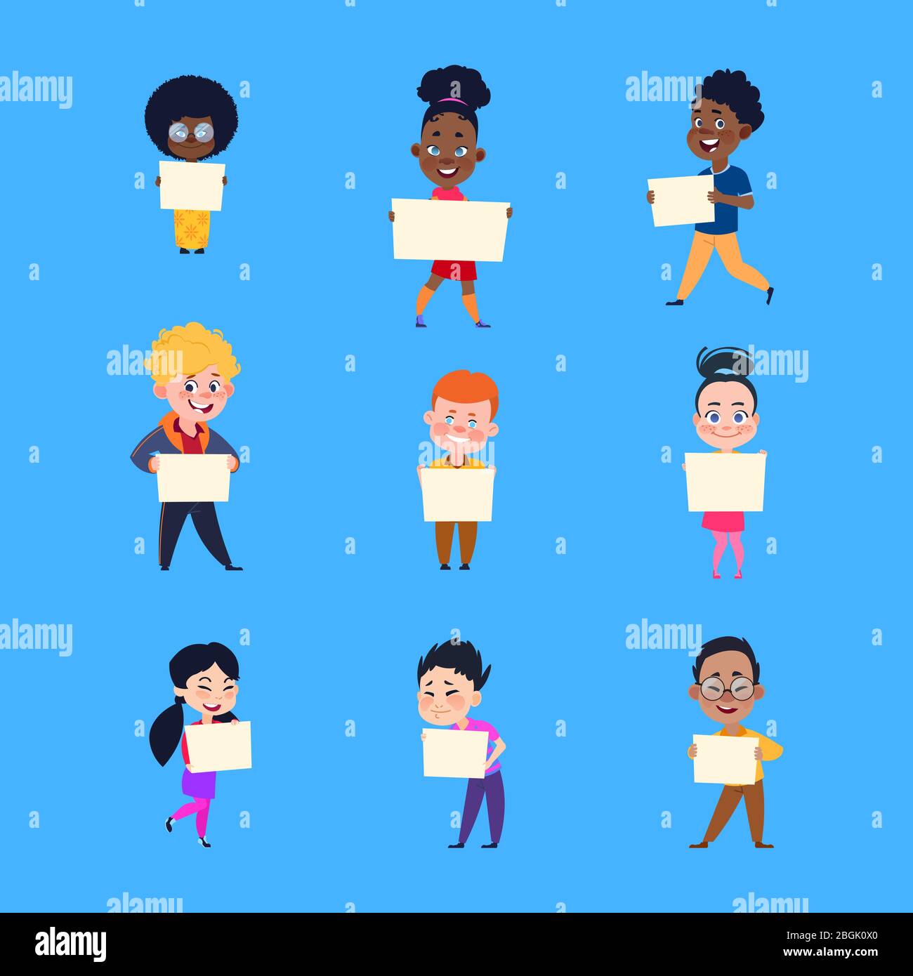 Cartoon children. Happy kids holding blank white placards. Boys and ...