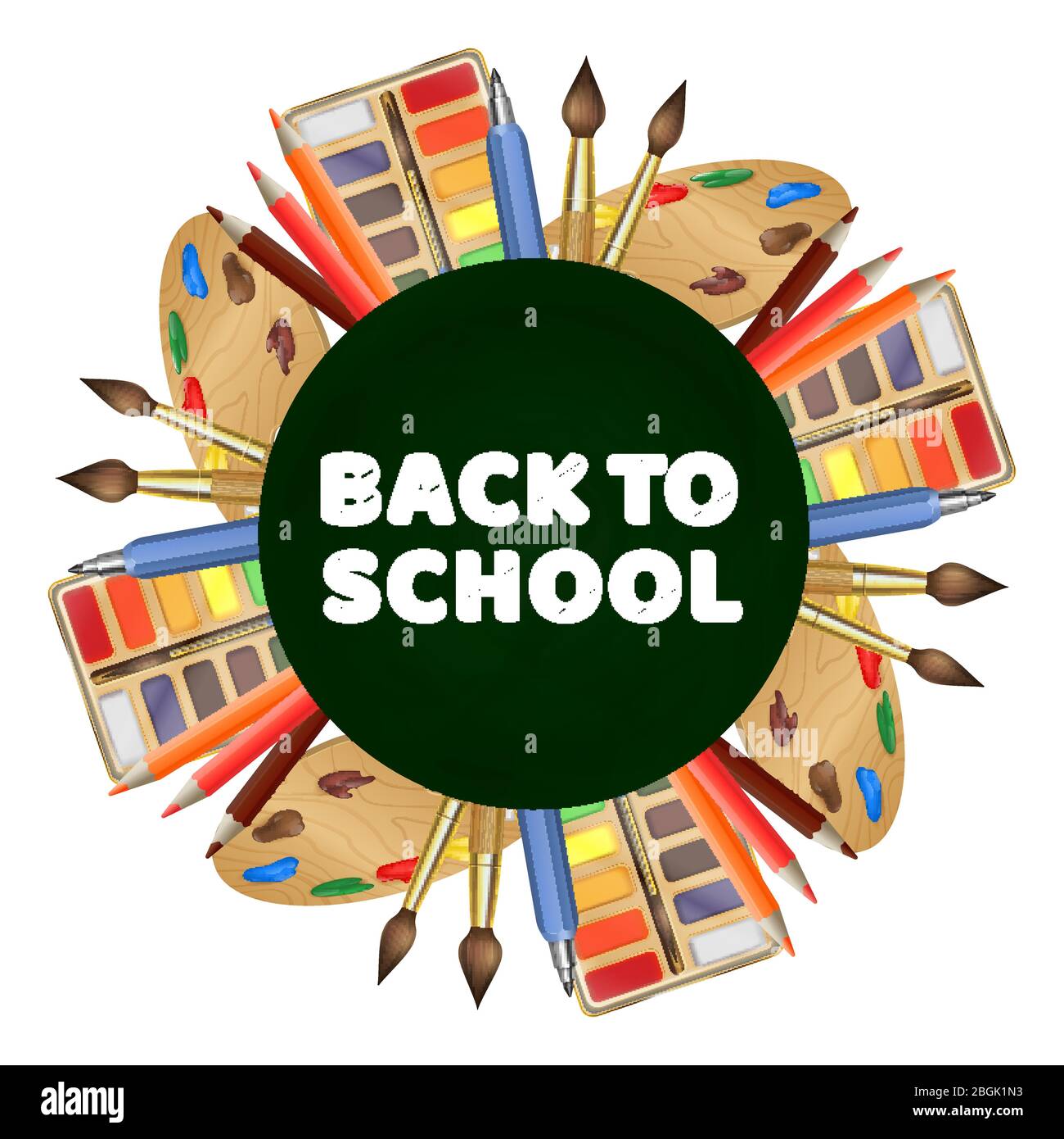 School vector chalkboard banner with realistic brushes, paint, pencils ...