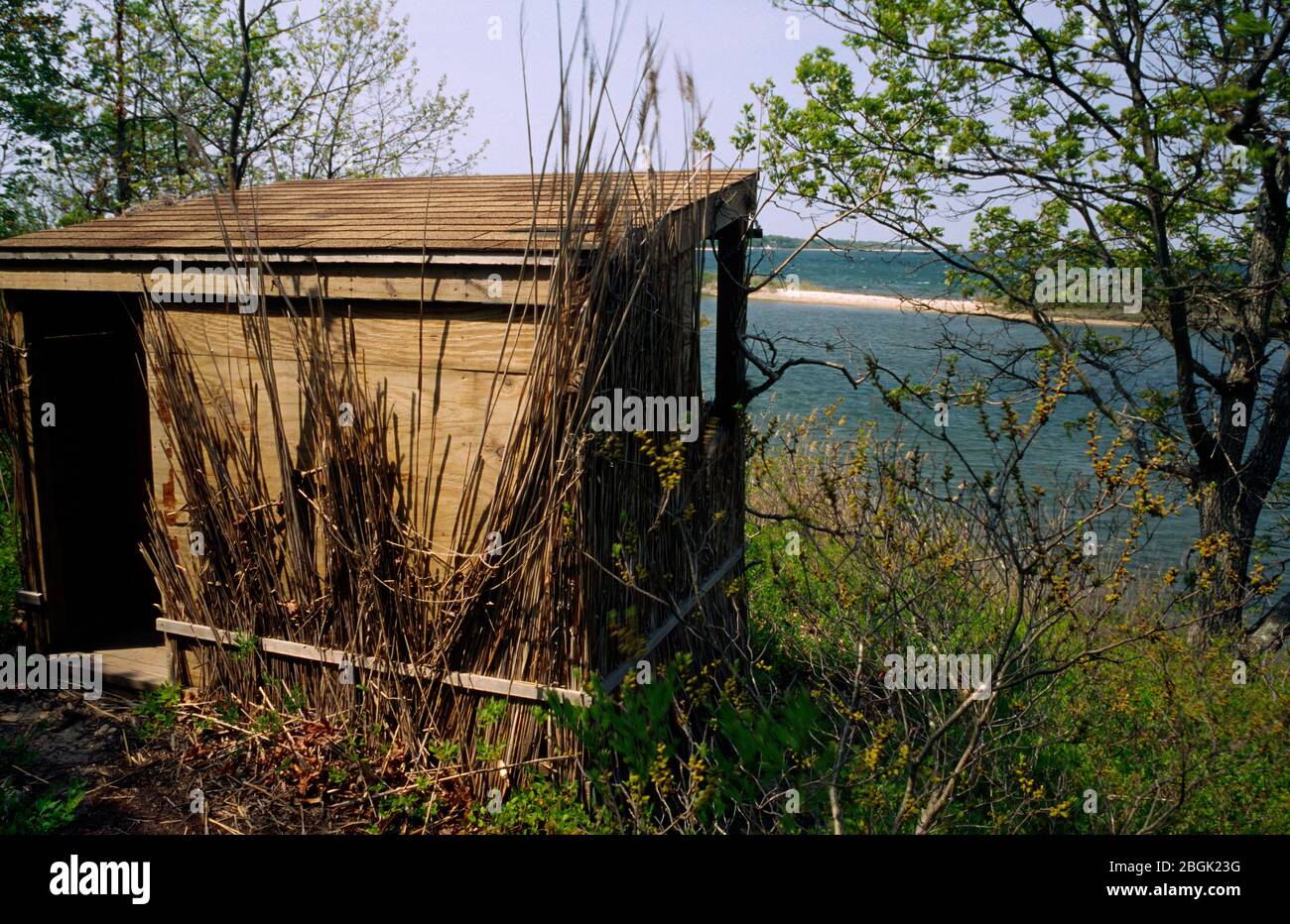 Log Cabin Creek estuary blind, Mashomack Preserve, New York Stock Photo ...