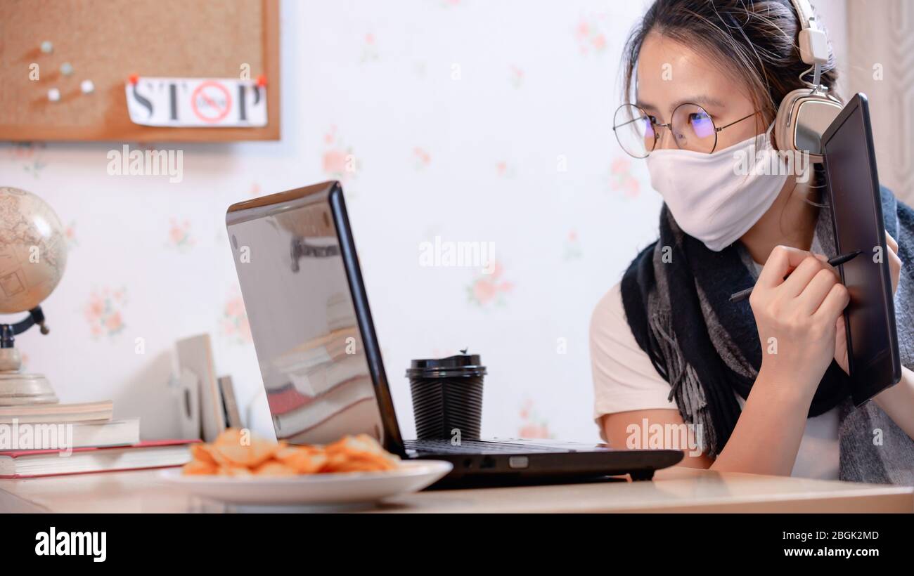 Work from home (WFH) in garden. Social Distancing and Physical ...