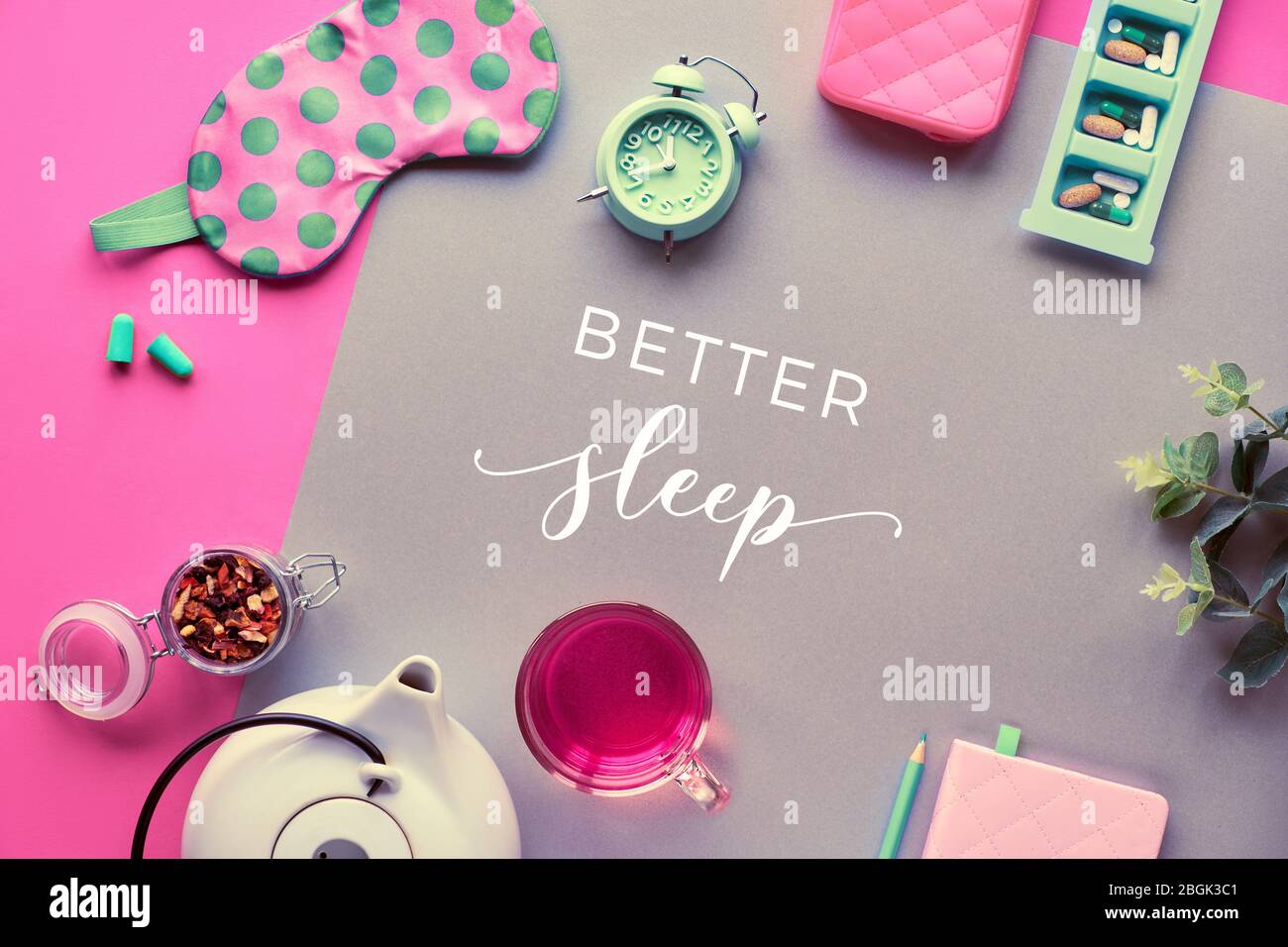 Text "Good Better sleep". Pink sleeping mask with polka dots, alarm ...