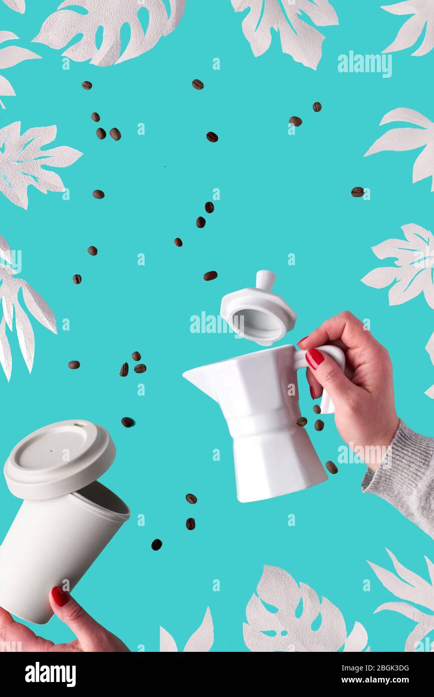 Zero waste coffee background with exotic paper leaves, monstera and fig ...