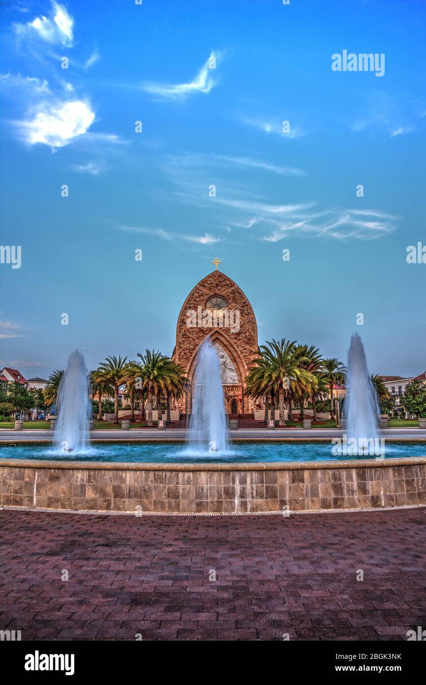 Ave Maria, Florida, USA – April 19, 2020: Water fountain in front of ...