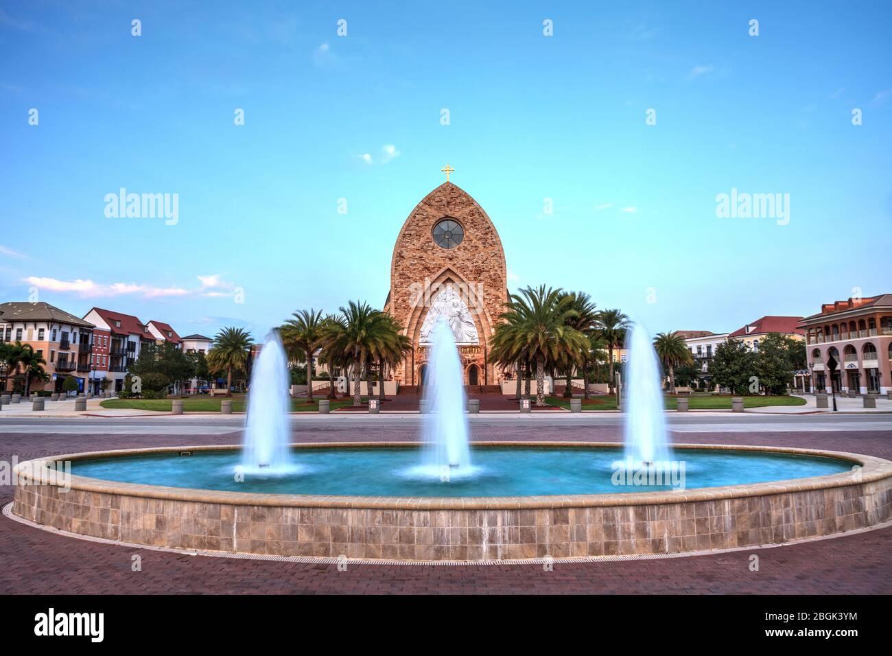 Ave Maria, Florida, USA – April 19, 2020: Water fountain in front of ...