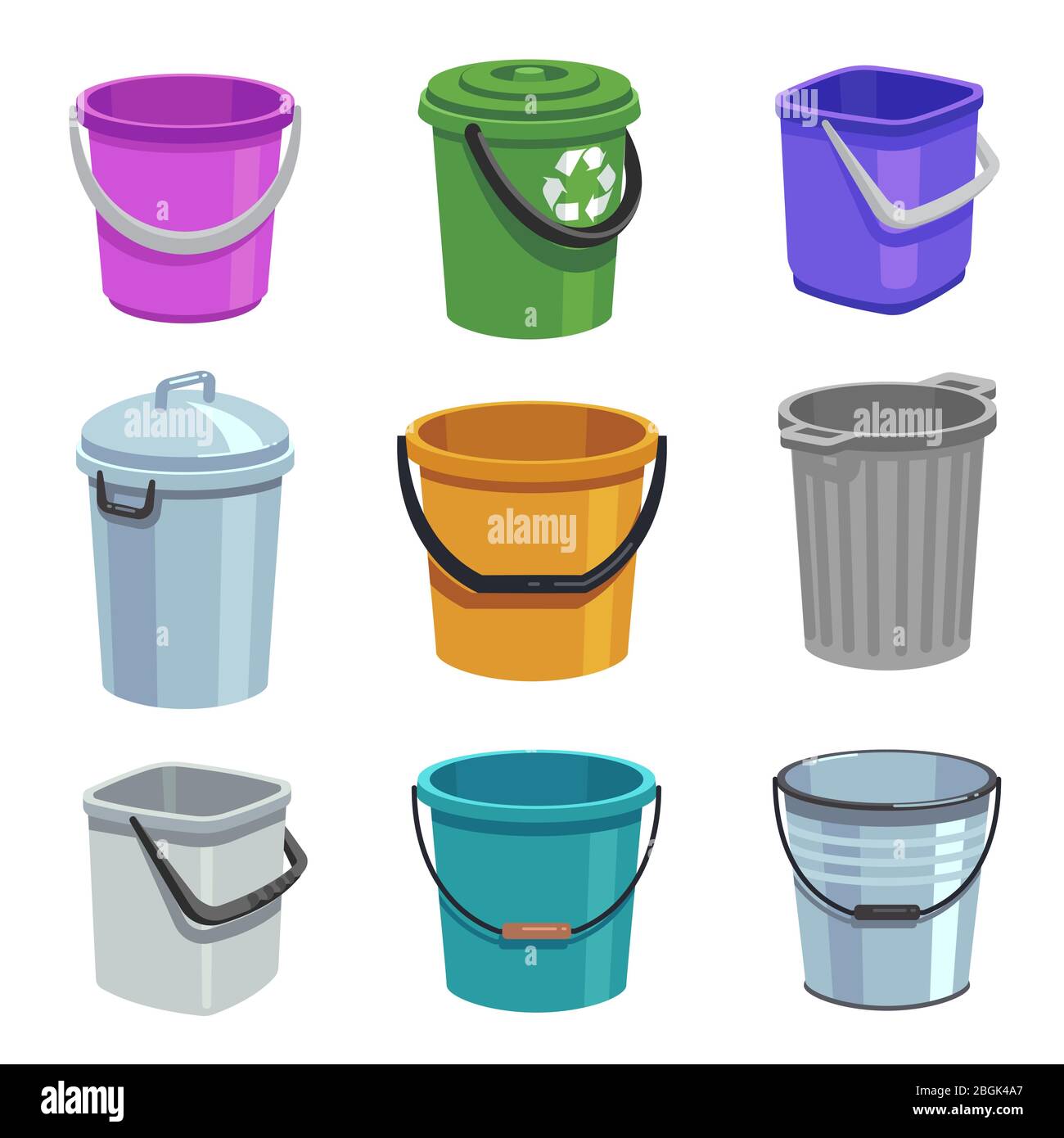 Bucket and pail set. Empty containers with handle, trash bins and ...