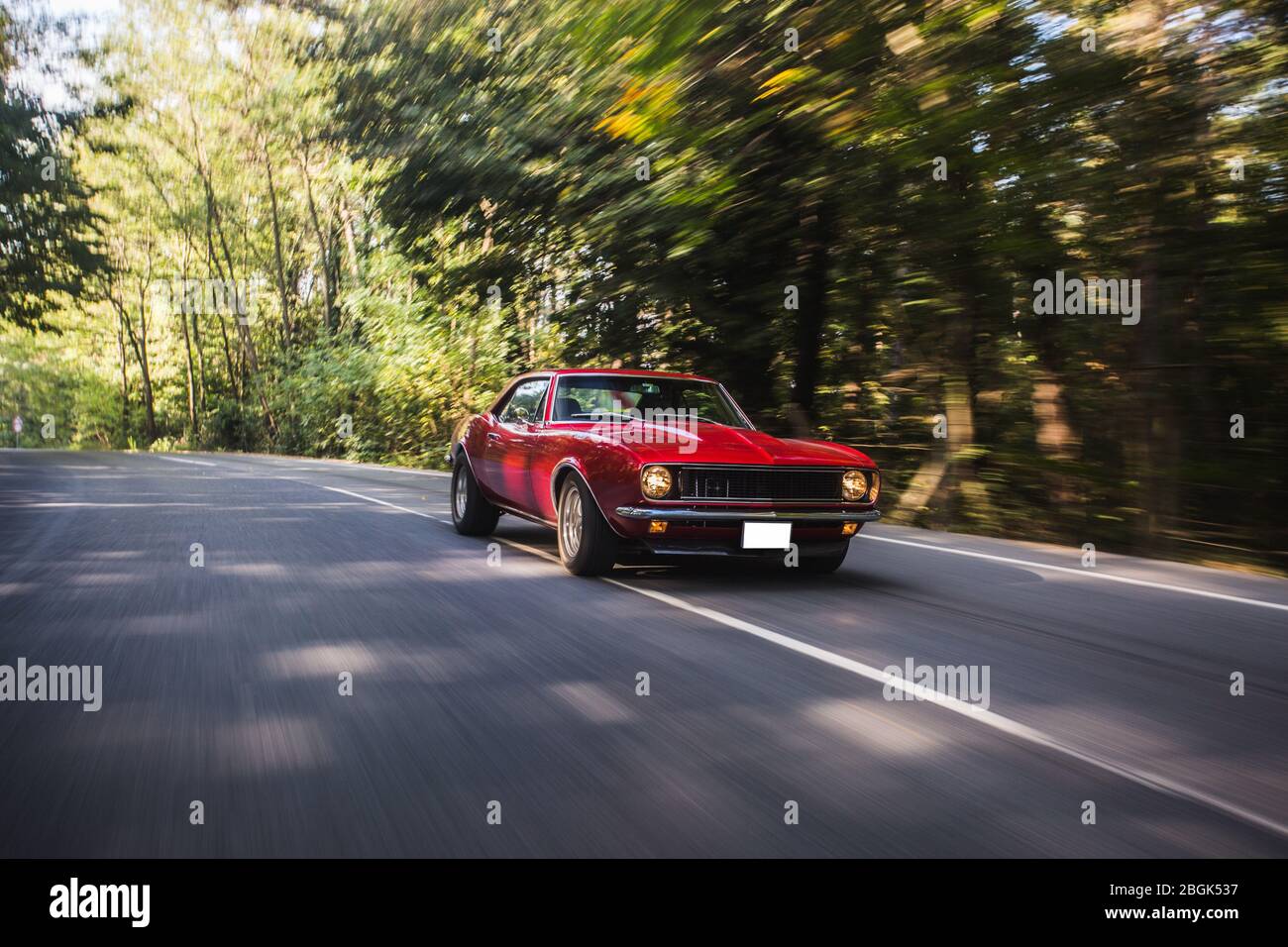 Red old fashioned vintage sedan in the forest, front lights on Stock ...