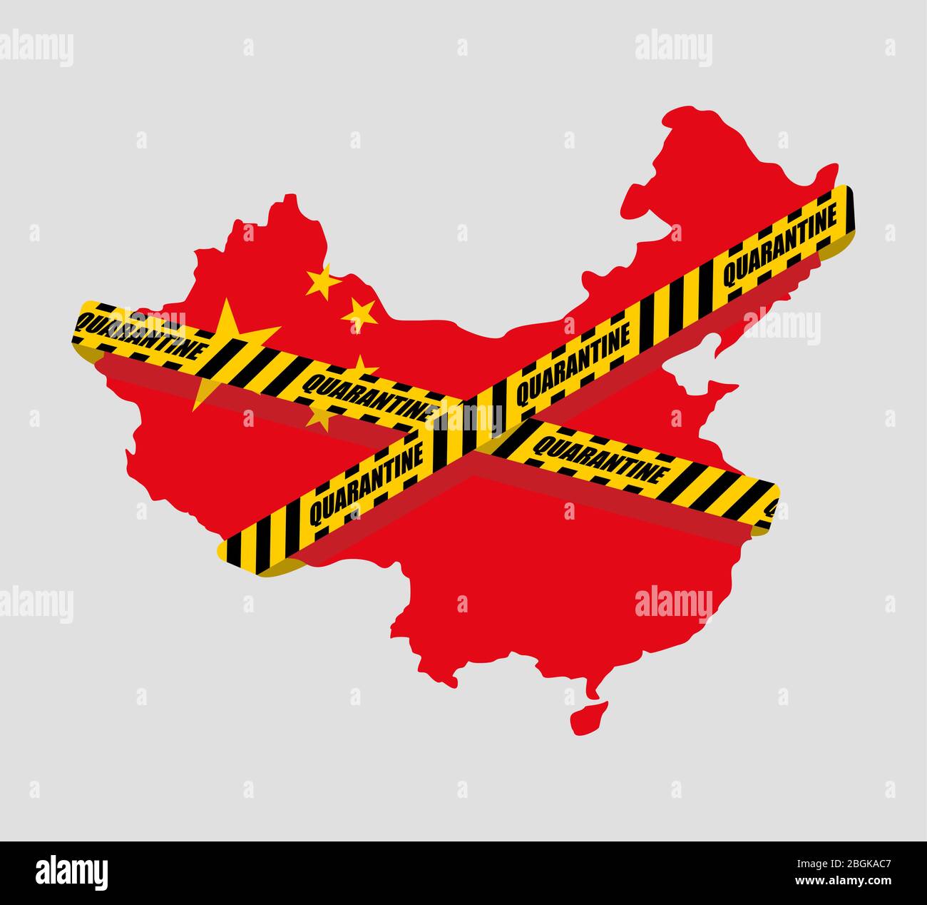 Quarantine in China. Chinese map is wrapped in yellow warning tape ...