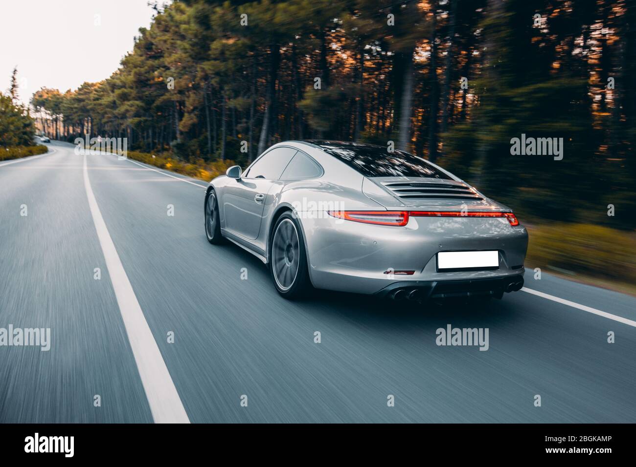 Silver sport model racing car forest drive view from behind in the ...