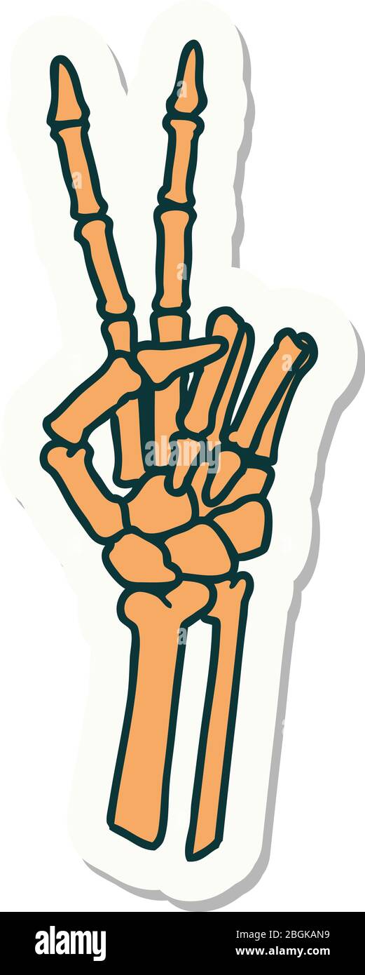 sticker of tattoo in traditional style of a skeleton giving a peace ...