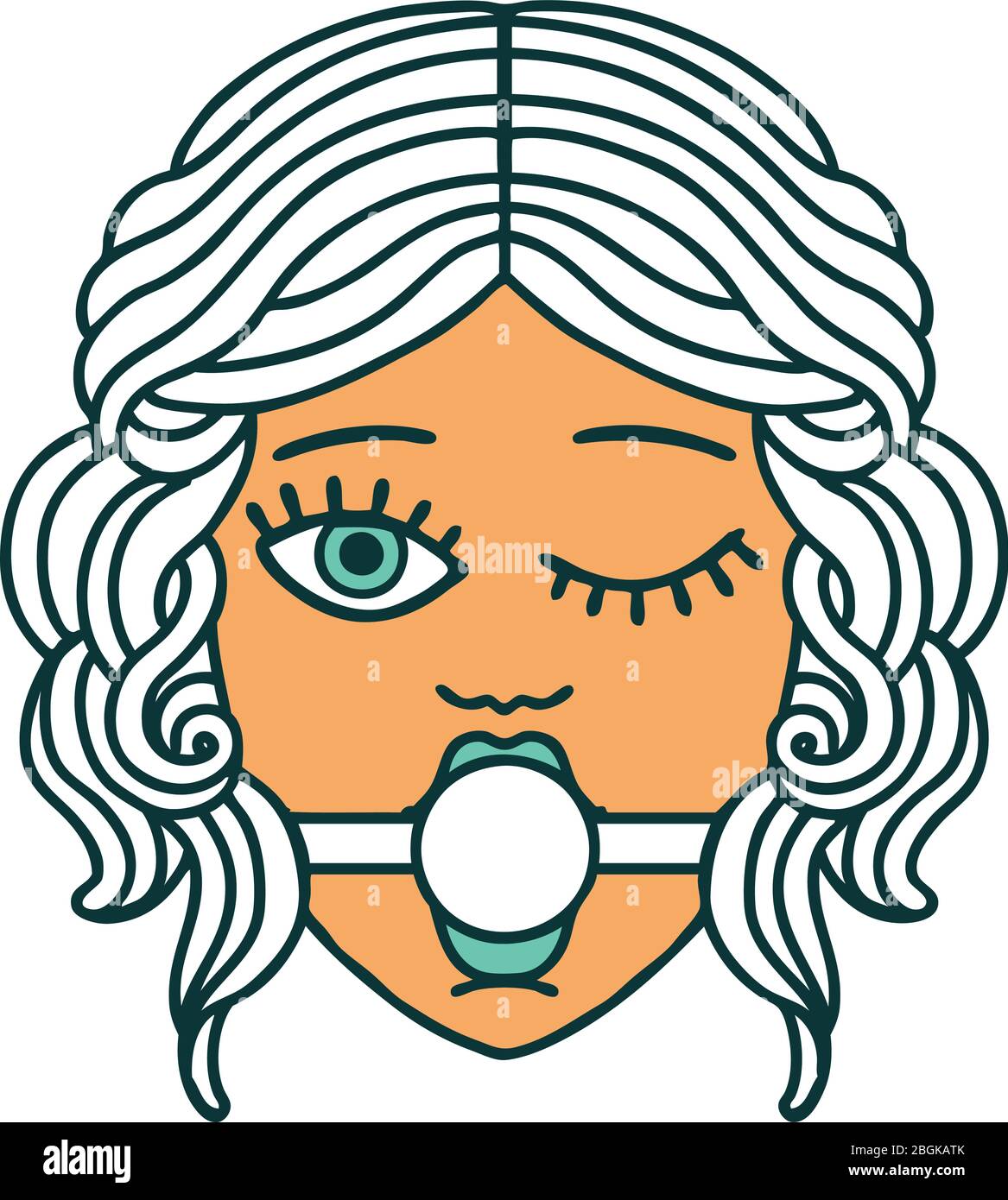 iconic tattoo style image of a winking female face wearing ball gag ...