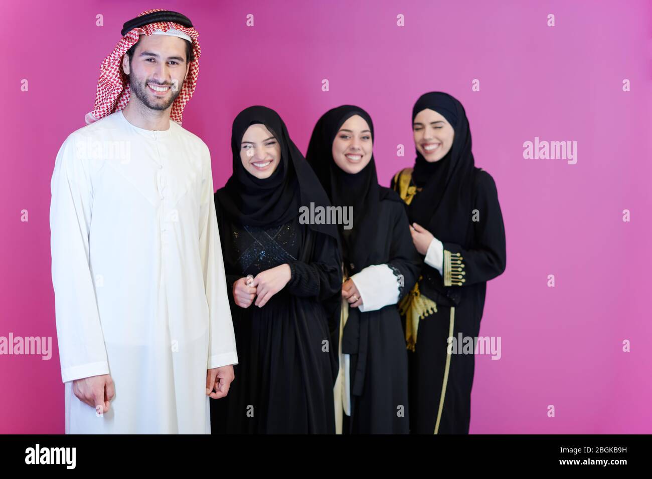 group portrait of young muslim people arabian man with three muslim ...