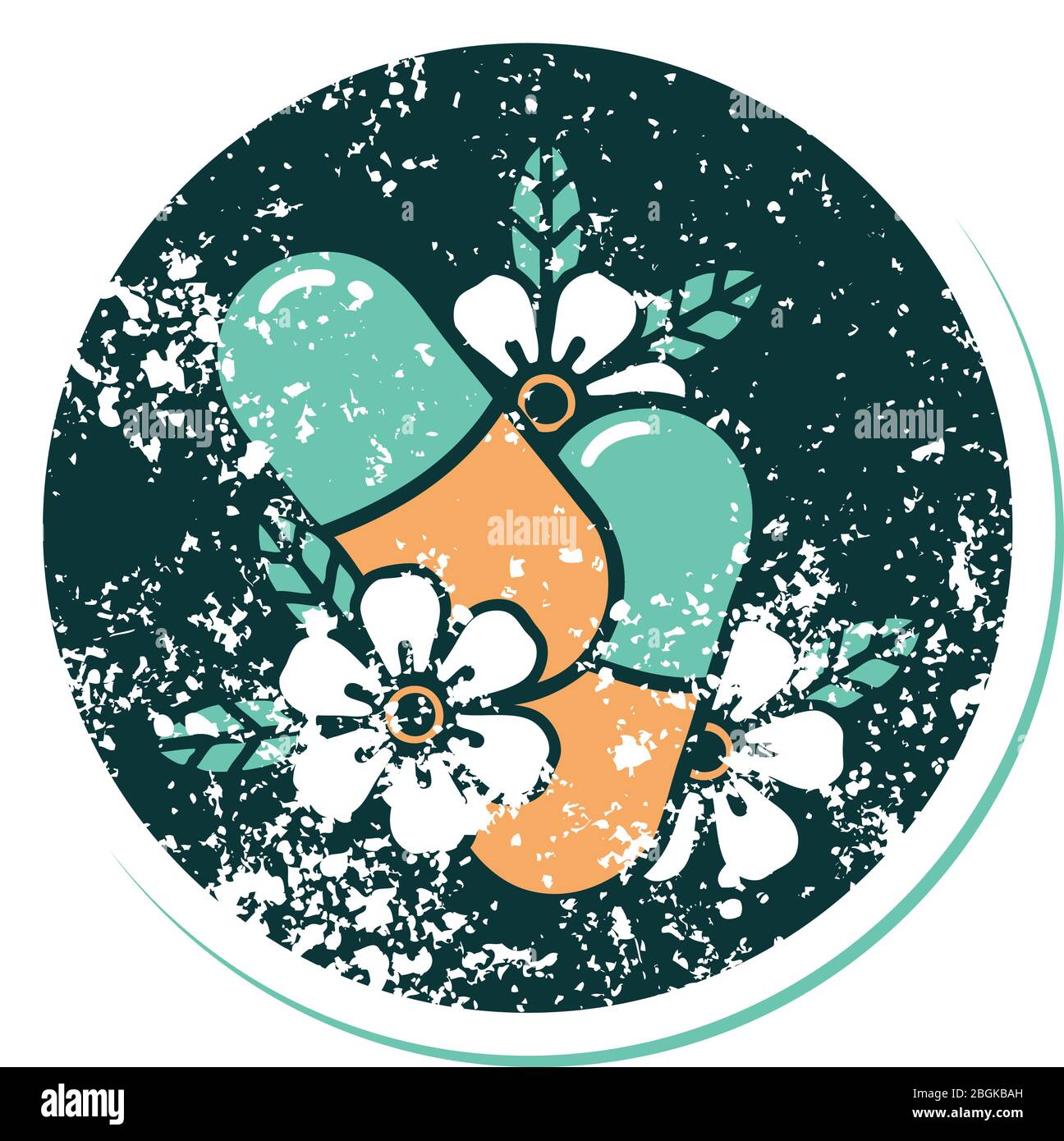 iconic distressed sticker tattoo style image of pills and flowers Stock ...
