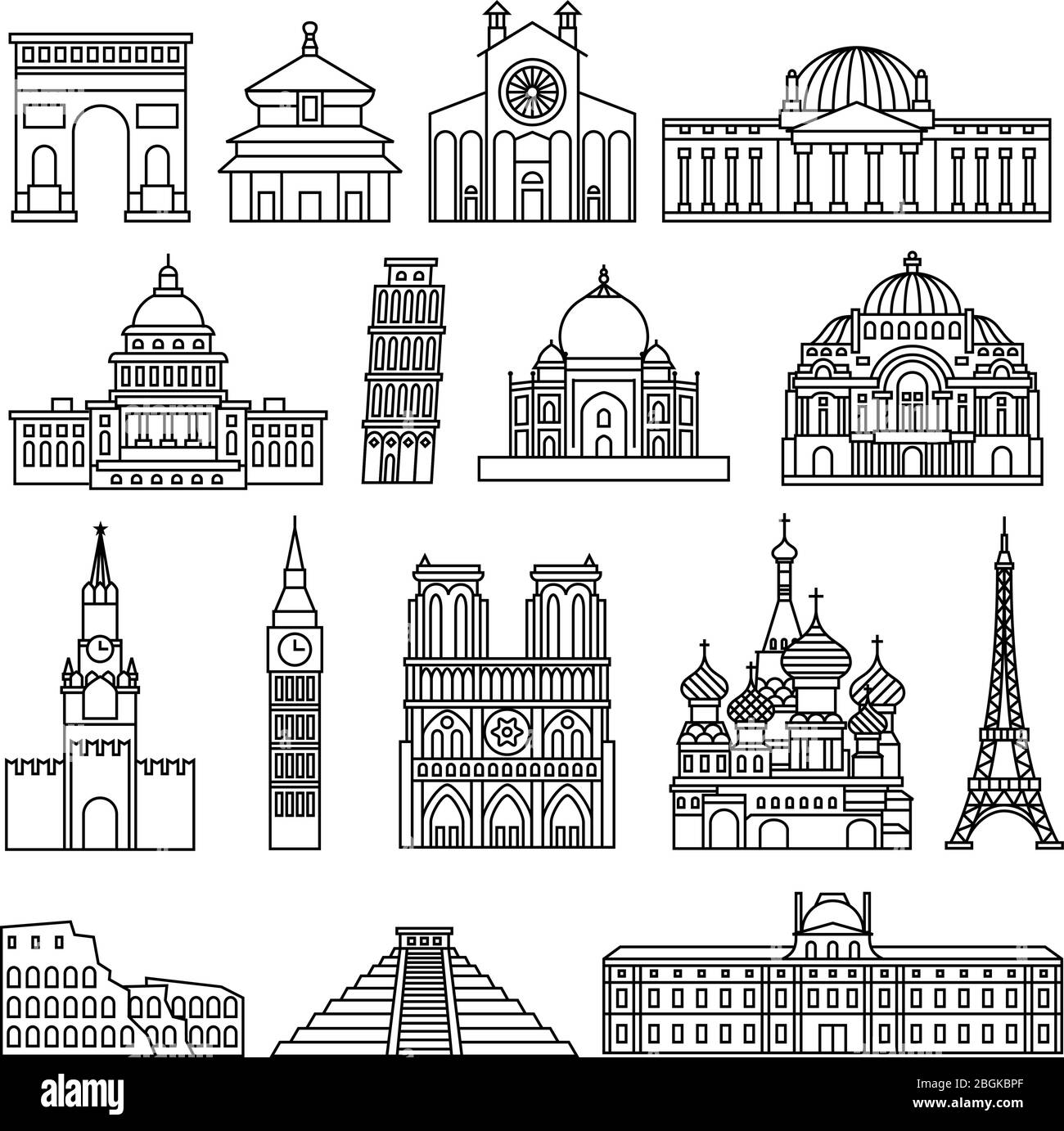 Monuments thin line vector icons. Louvre and Colosseum, Pyramid and Arc ...