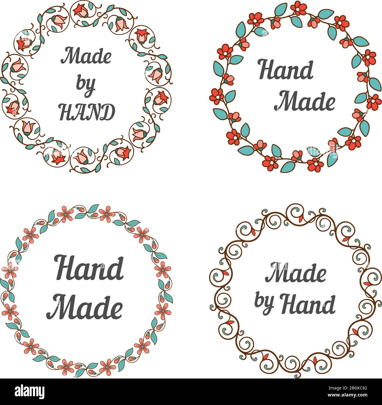 Handmade labels with floral wreaths, made by hand vector badges Stock ...
