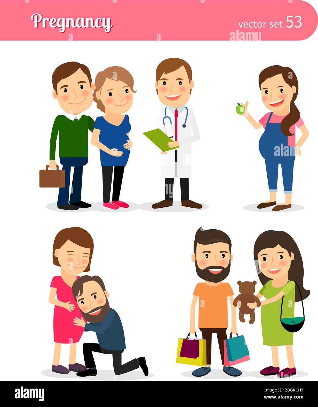 Pregnancy. Healthy eating and seeing doctor, shopping. Expecting mother ...