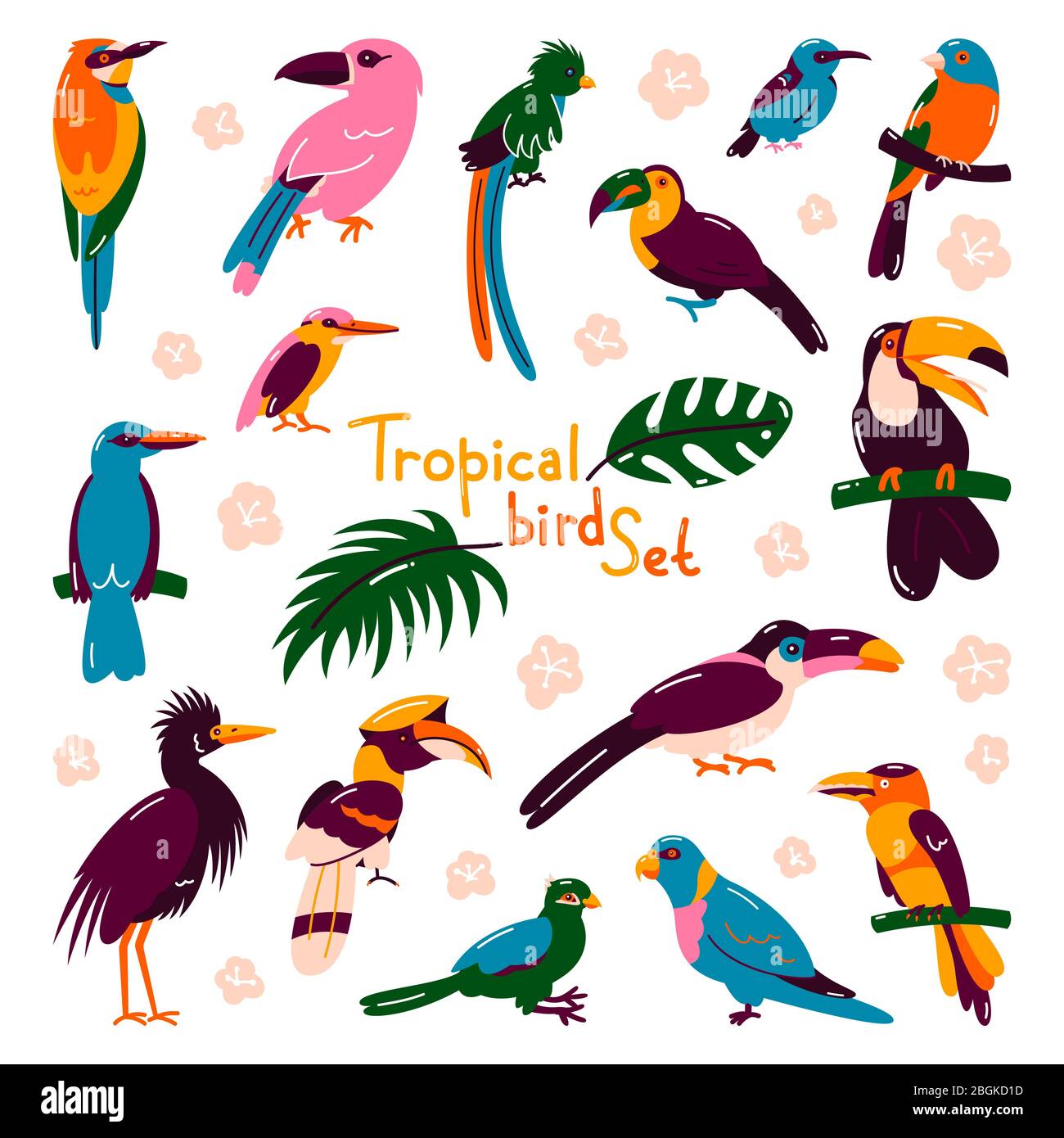 Set of birds. Bright exotic tropical birds. Macaw, Cockatoo, flamingo ...