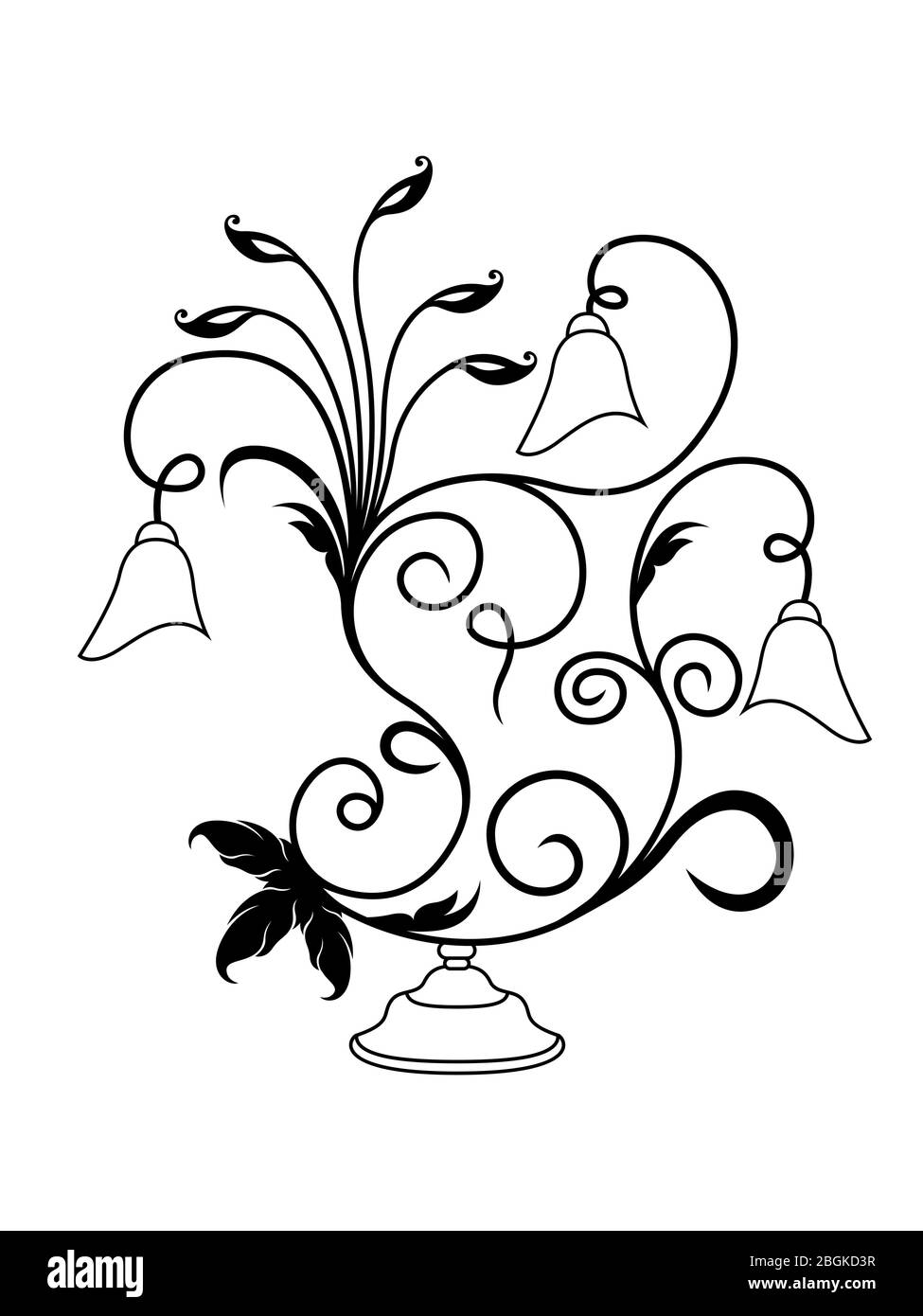 Black outline of decorative table lamp with leaves isolated on white ...