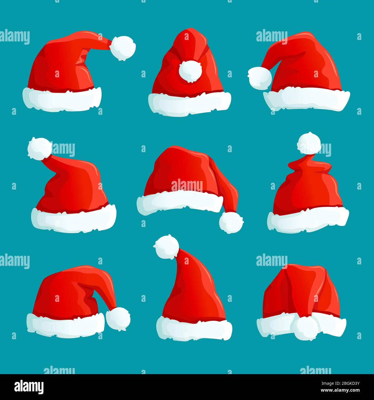 Santa red hats. Christmas funny caps. Santa clothes warm hat. Isolated ...