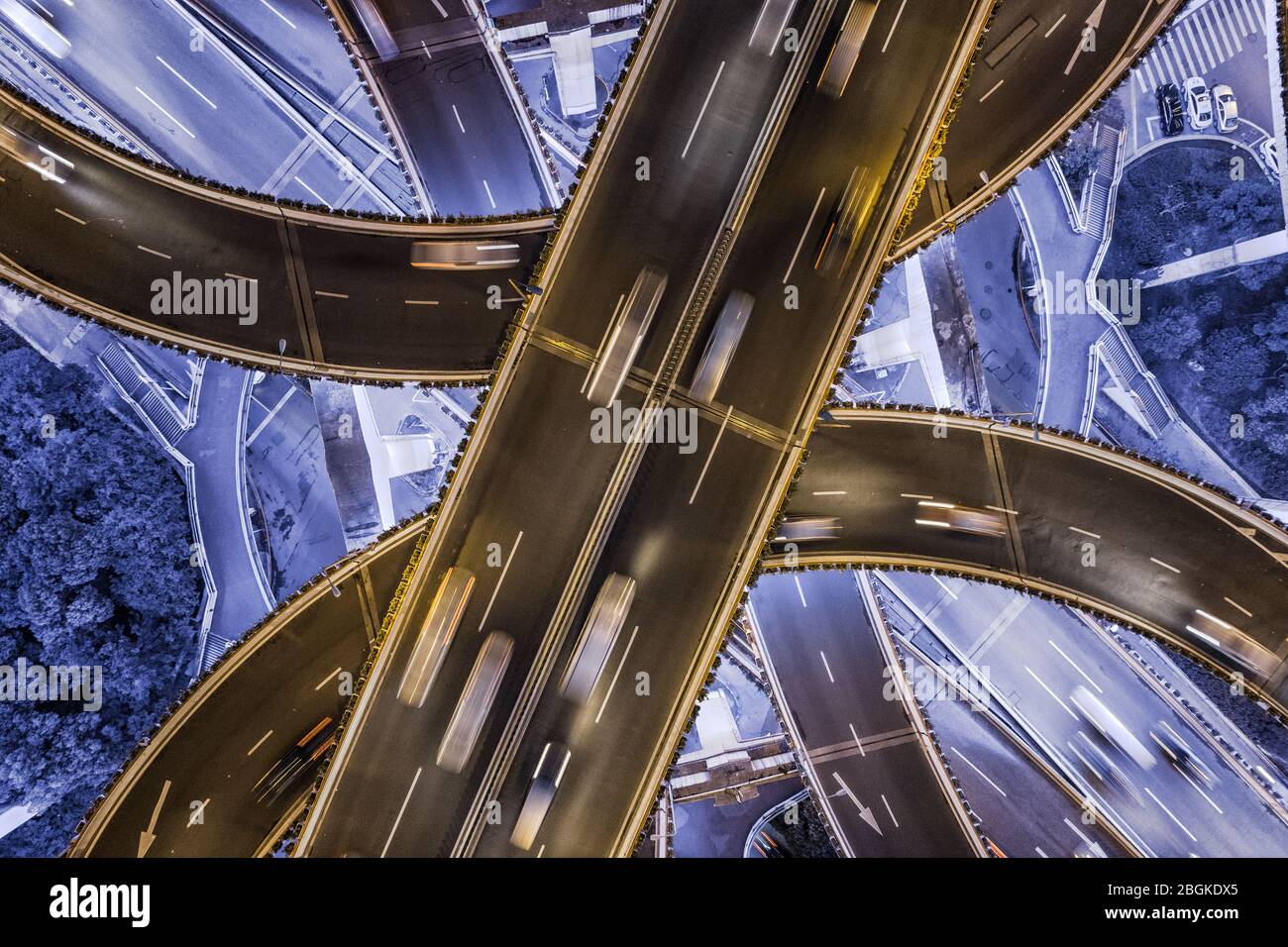 aerial view of highway interchange at night Stock Photo - Alamy