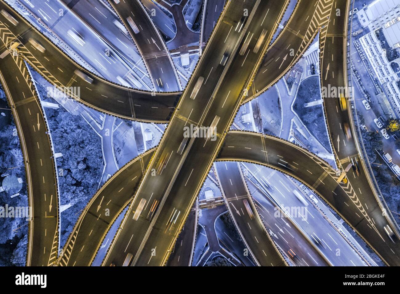 aerial view of highway interchange at night Stock Photo - Alamy