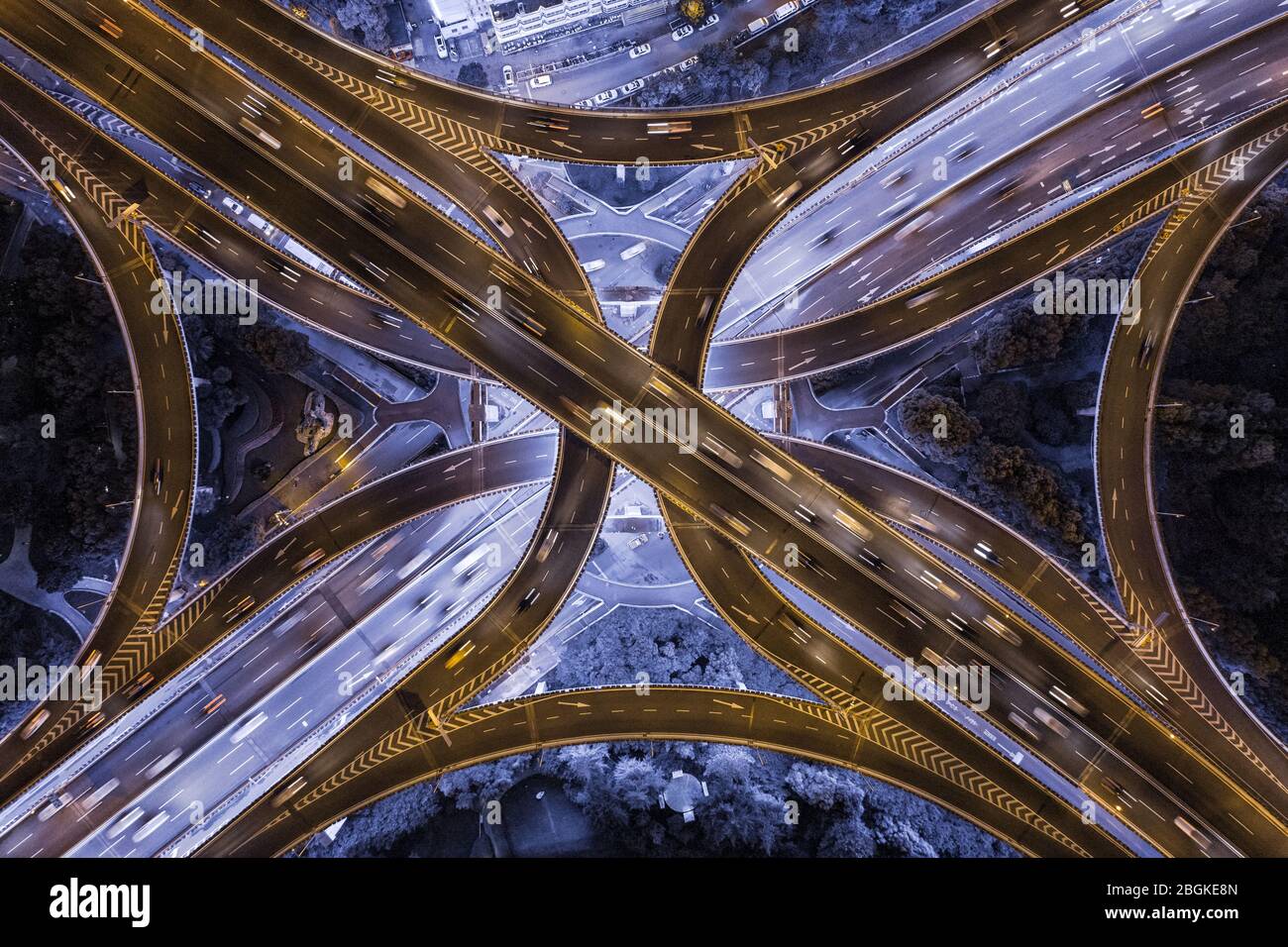 aerial view of highway interchange at night Stock Photo - Alamy