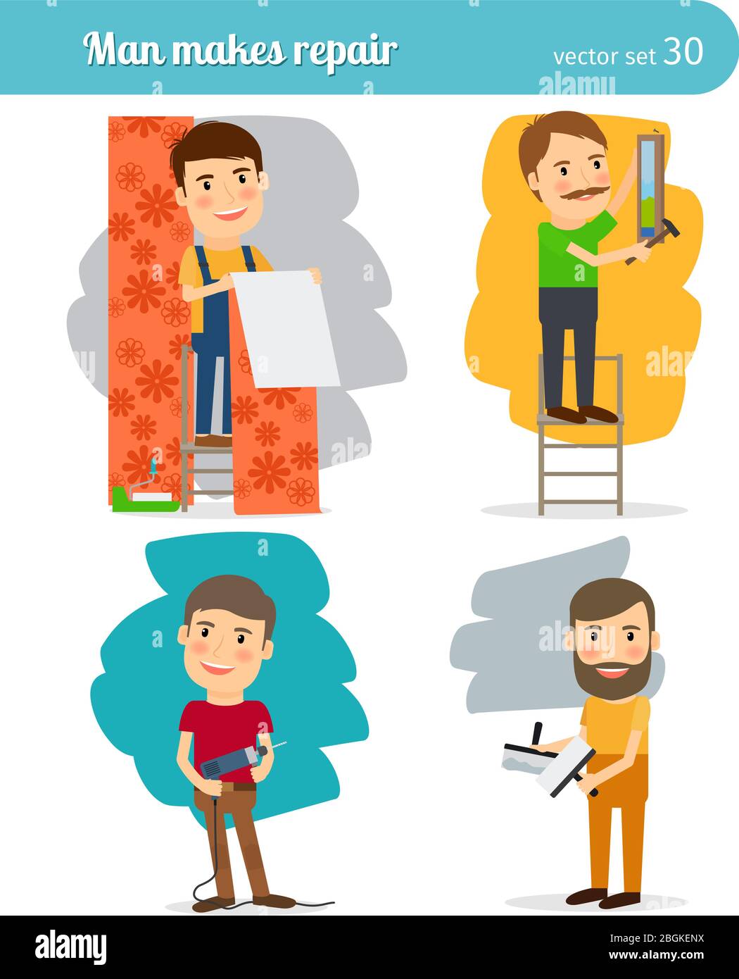 Home Repair Man Characters. Man paints the wall and the plaster room ...