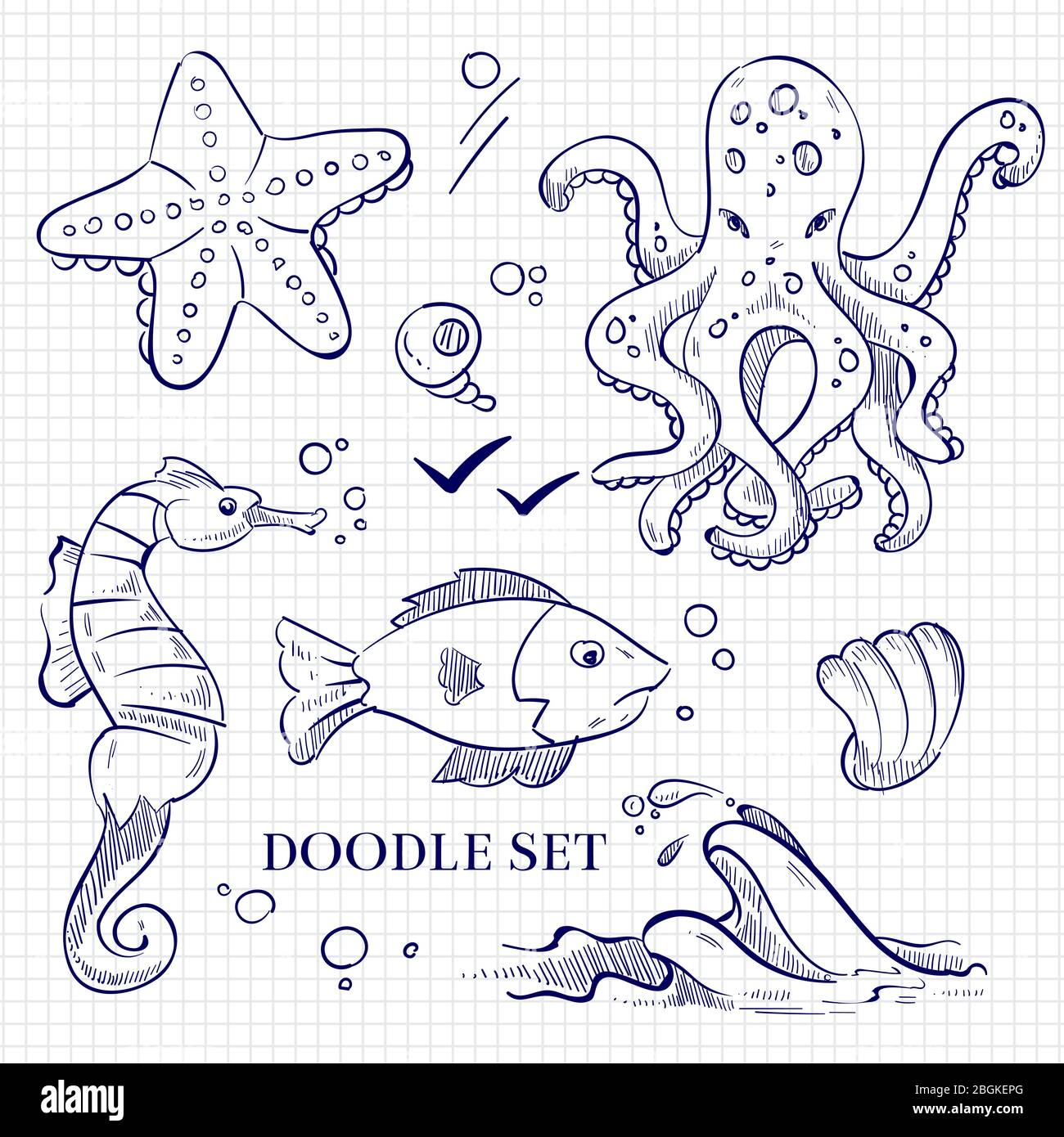 Hand drawn sketch ocean wild animals on notebook page. Vector ...