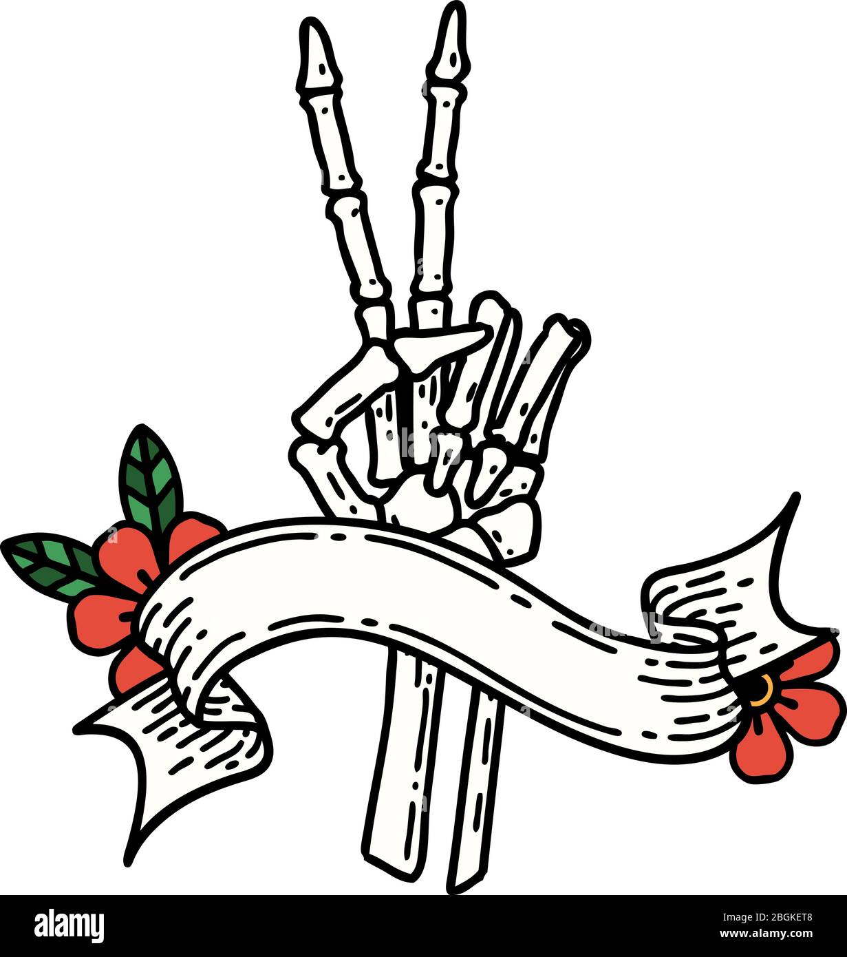 traditional tattoo with banner of a skeleton giving a peace sign Stock ...