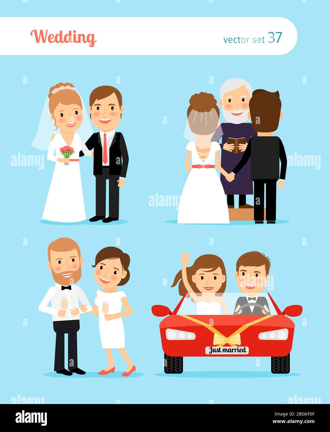 Wedding people. Bride and groom, priest, newlyweds car vector Stock ...