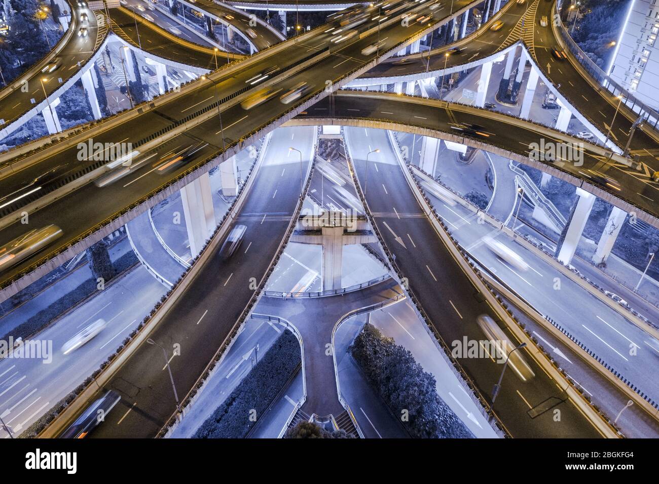 aerial view of highway interchange at night Stock Photo - Alamy