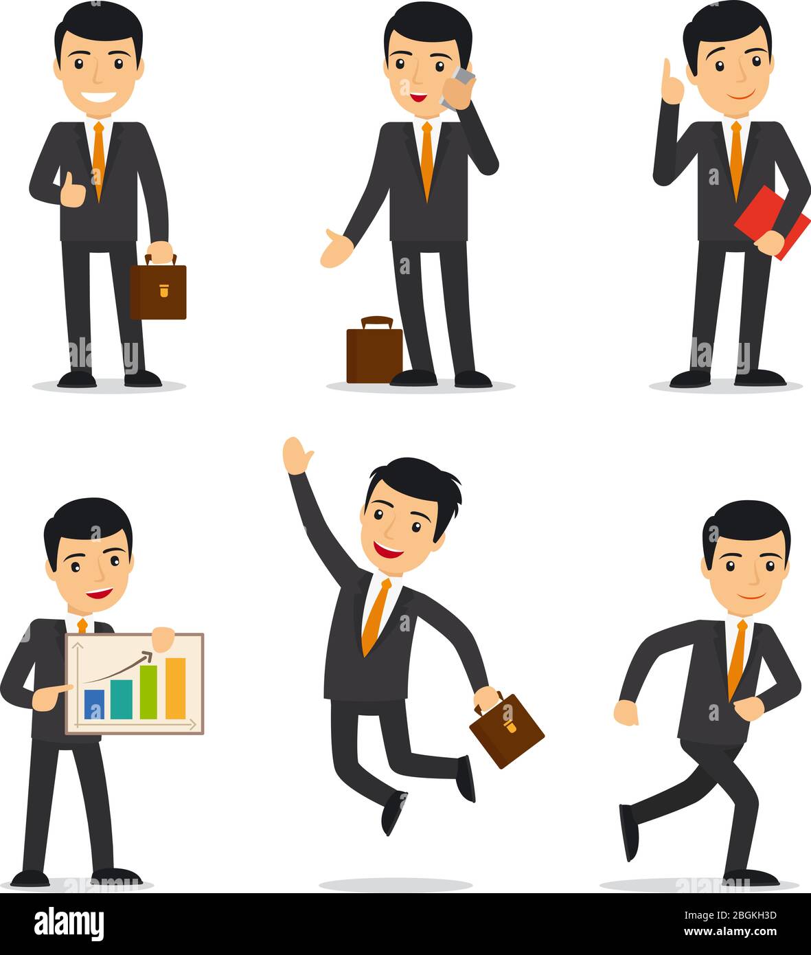 Businessman in different poses with case, book, and sellphone. Isolated ...