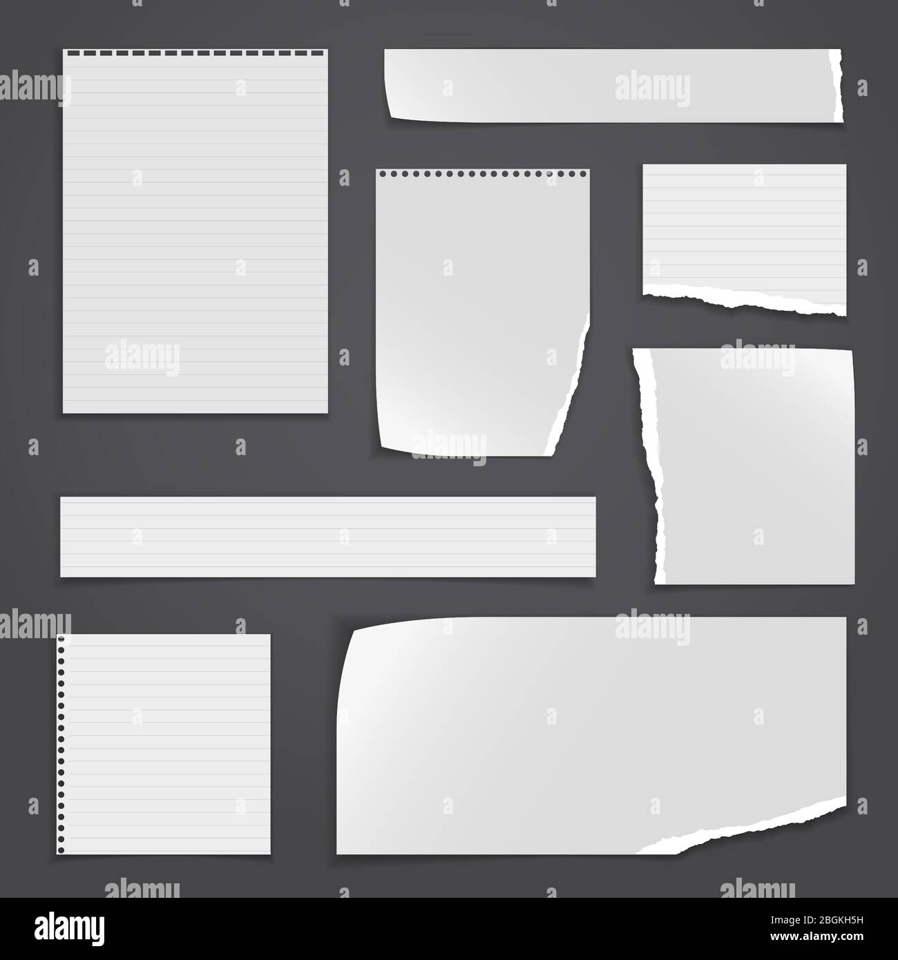 Torn, ripped pieces of note, notebook white paper pieces with soft ...