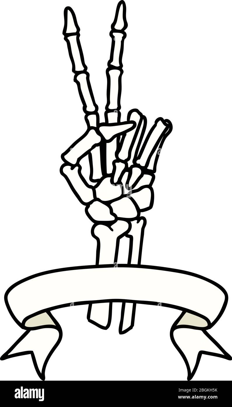 traditional tattoo with banner of a skeleton giving a peace sign Stock ...