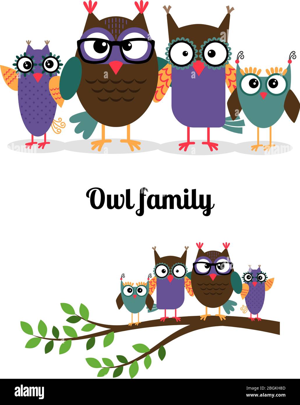 Owl family. Owl mother, father and children on the branch. Vector ...