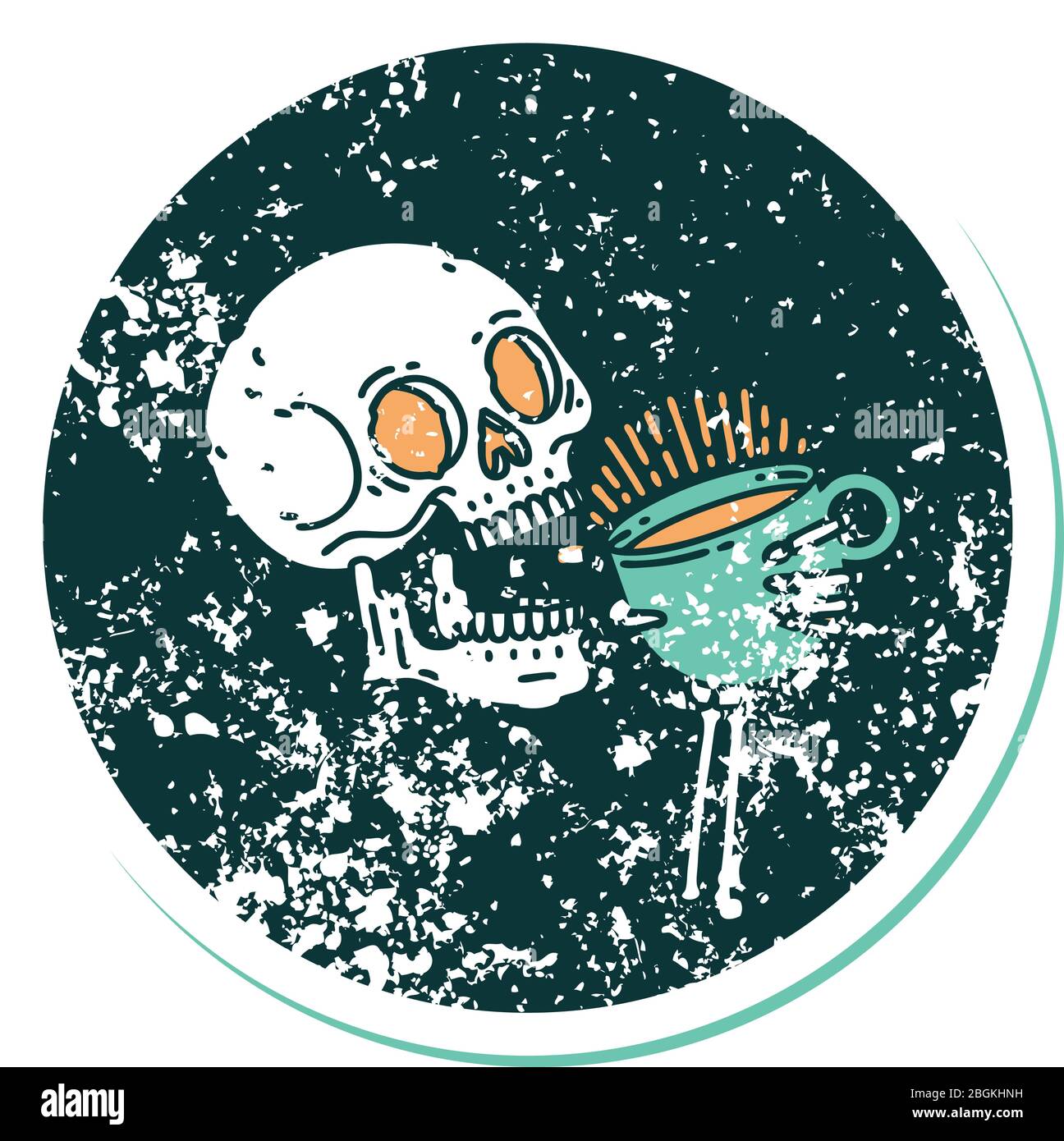 iconic distressed sticker tattoo style image of a skull drinking coffee ...