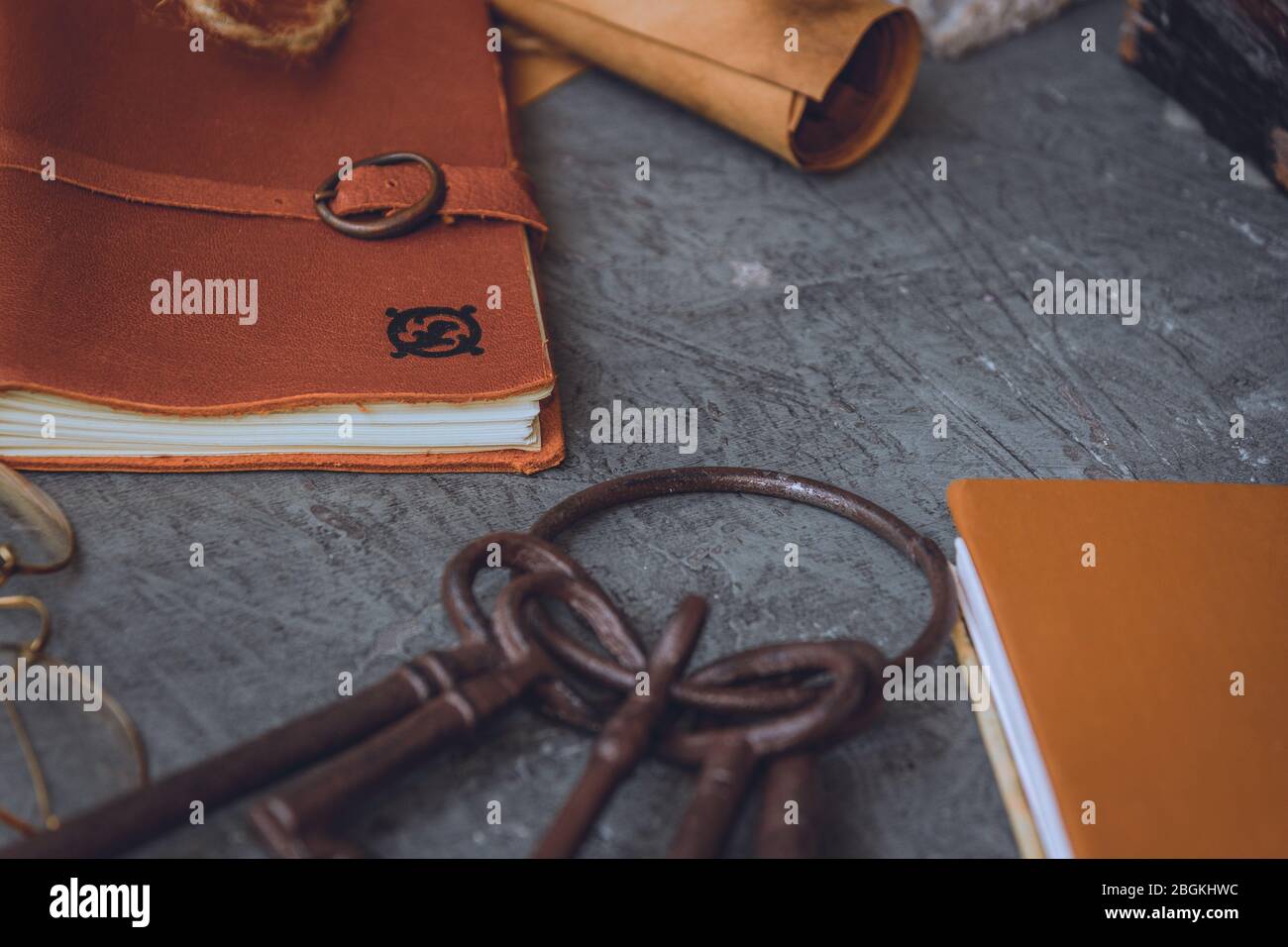 old keys and symbols in wood and with little natural light Stock Photo ...