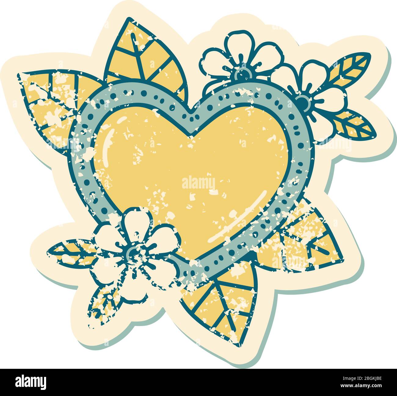 iconic distressed sticker tattoo style image of a botanical heart Stock ...