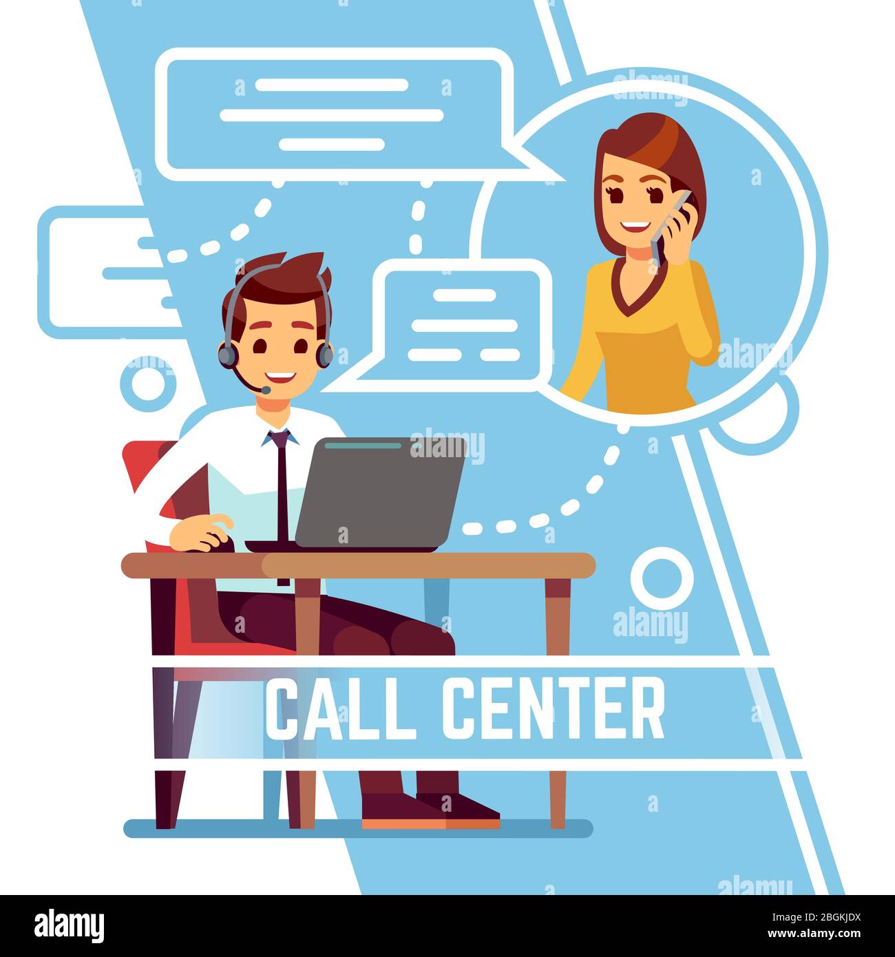 Operator man talking with happy smiling client on phone. Supporter in ...