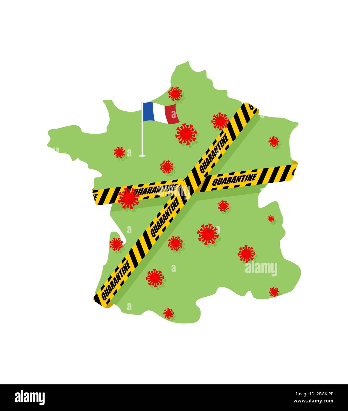 Quarantine in France. French map is wrapped in yellow warning tape ...
